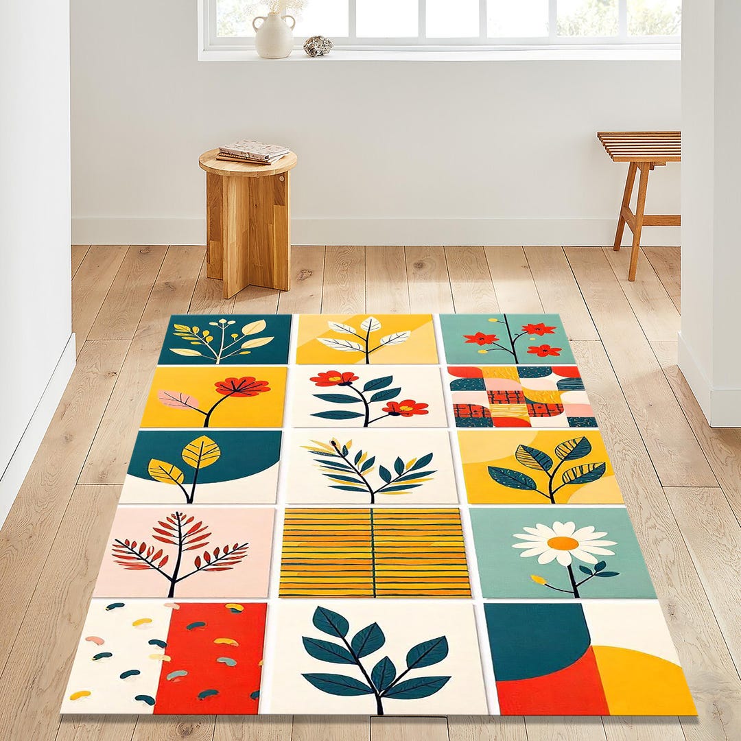 Abstract Area Rug, Modern Floral Design Rug, Scandinavian Rug, Graphic ...