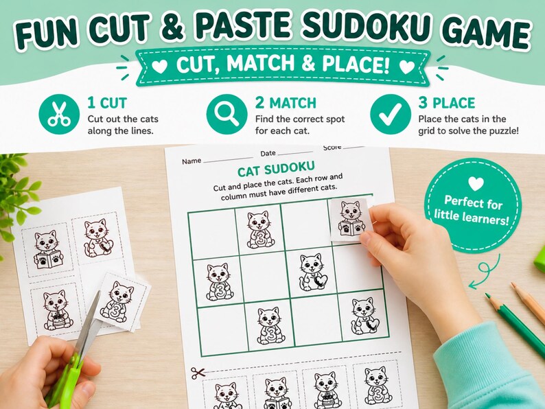 Kids Sudoku Printable PDF, Cut and Paste Activity Age 4–6, Logic Puzzle ...