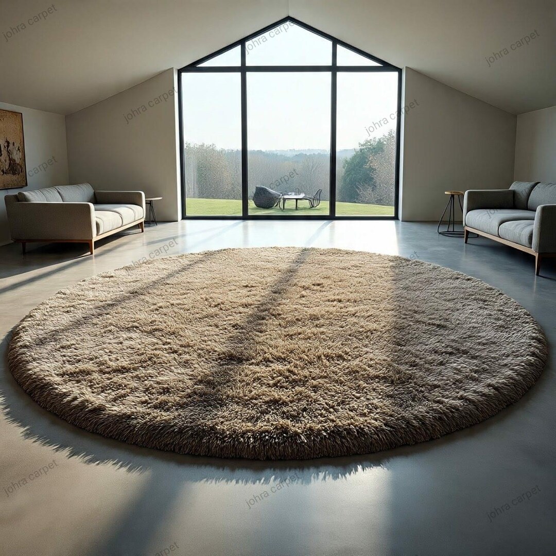 Hand Tufted Round Shag Rug, Plush Neutral Area Rug, Modern Minimalist ...