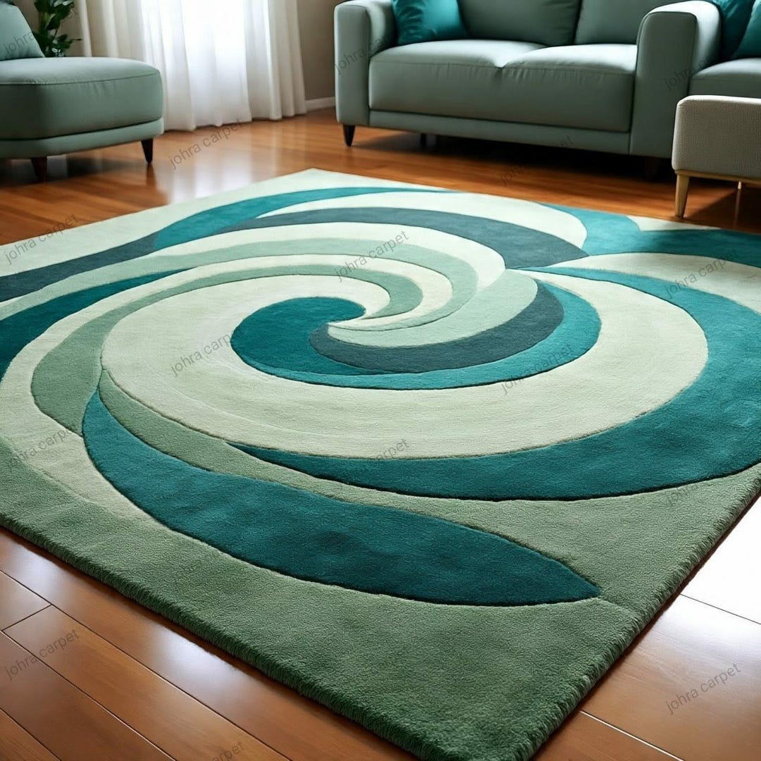 Hand Tufted Swirl Abstract Rug, Modern Teal & Sage Green Area Rug ...