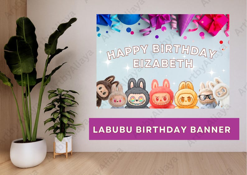 Personalized Labubu Birthday Banner and Card Digital Download, Cute ...