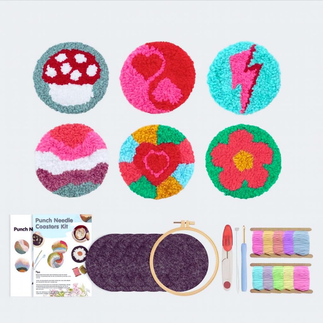 Retro Flower Punch Needle Coaster Kit, Beginner DIY Embroidery, Unusual ...