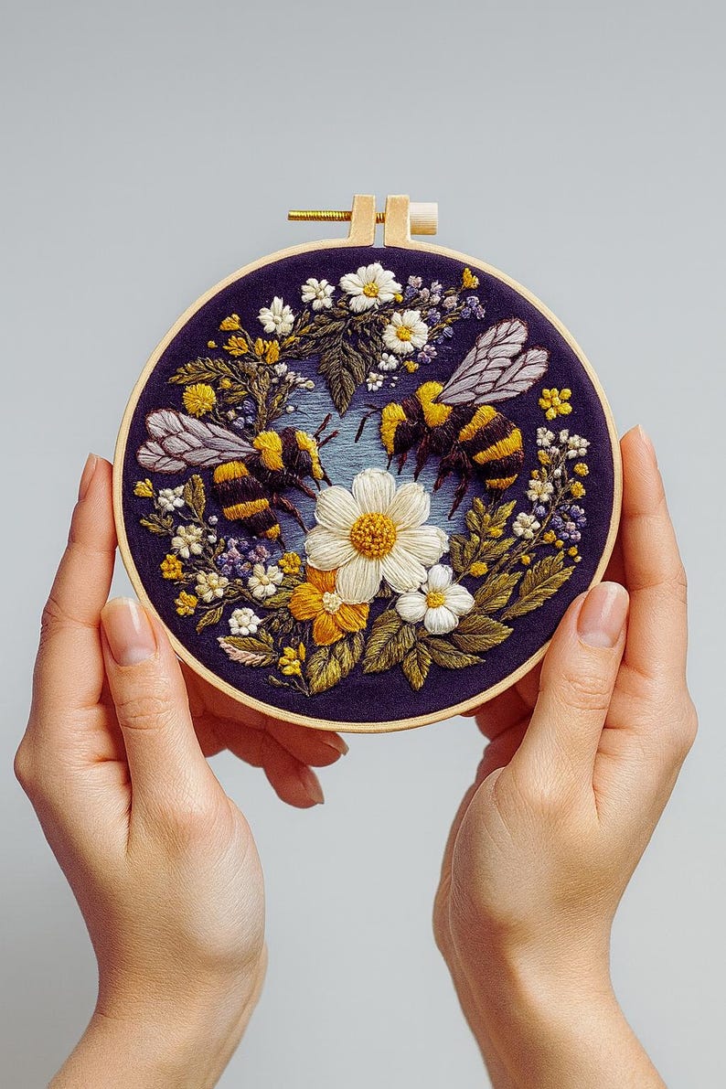 Hand Embroidered Bee Hoop Art: Floral Cottagecore Decor - Etsy