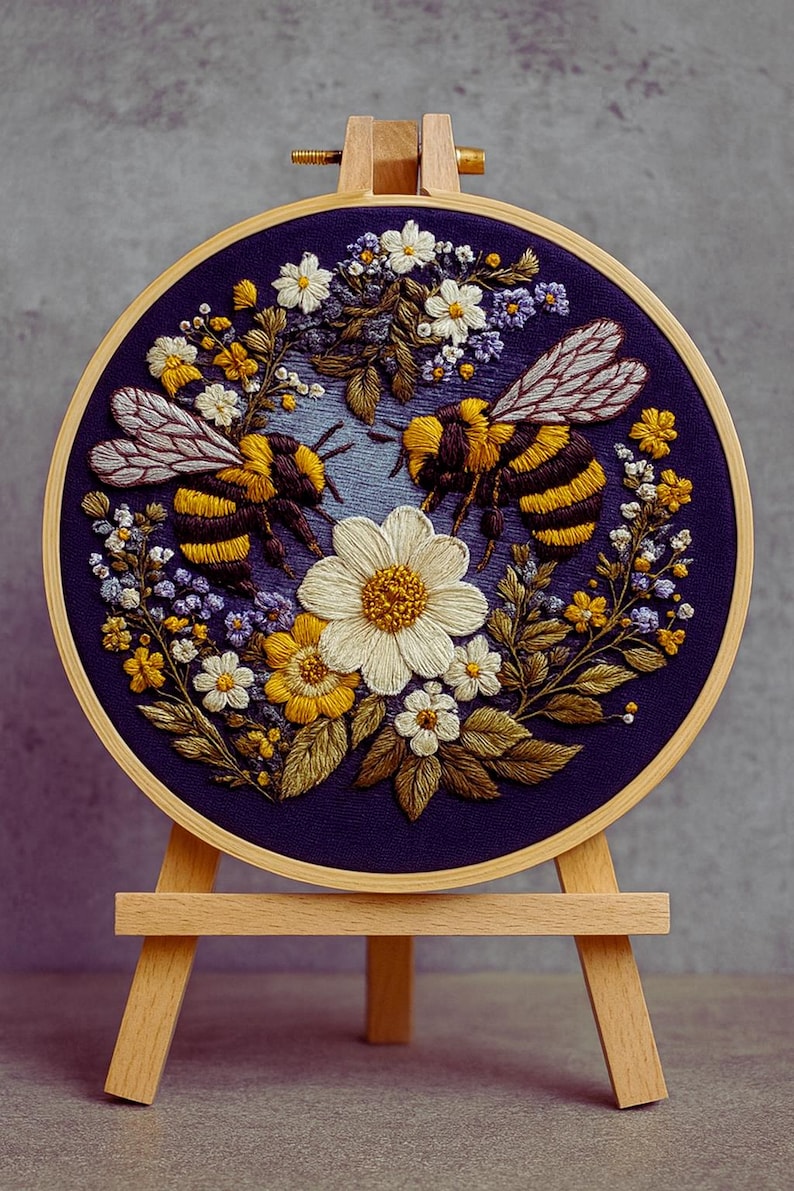 Hand Embroidered Bee Hoop Art: Floral Cottagecore Decor - Etsy