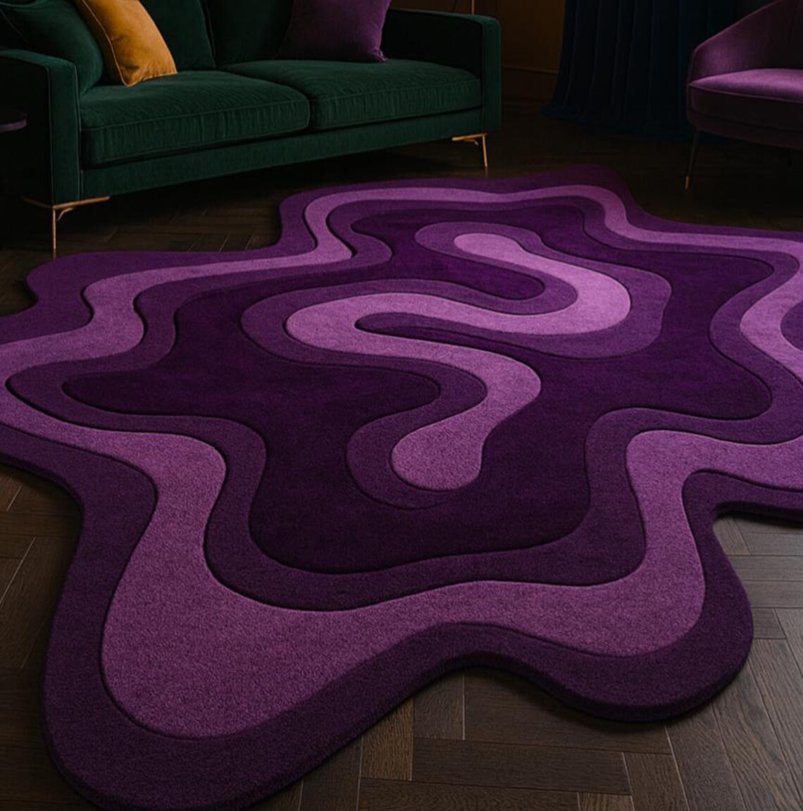 Hand Tufted Wool Rug Purple Abstract Irregular Shape – 3D High-low ...