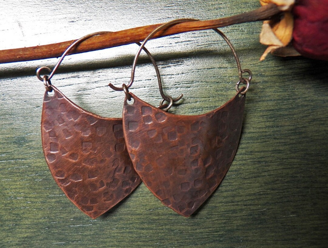 Distressed Hammer Textured Copper Shield Hoops Antique Oxidized Patina ...