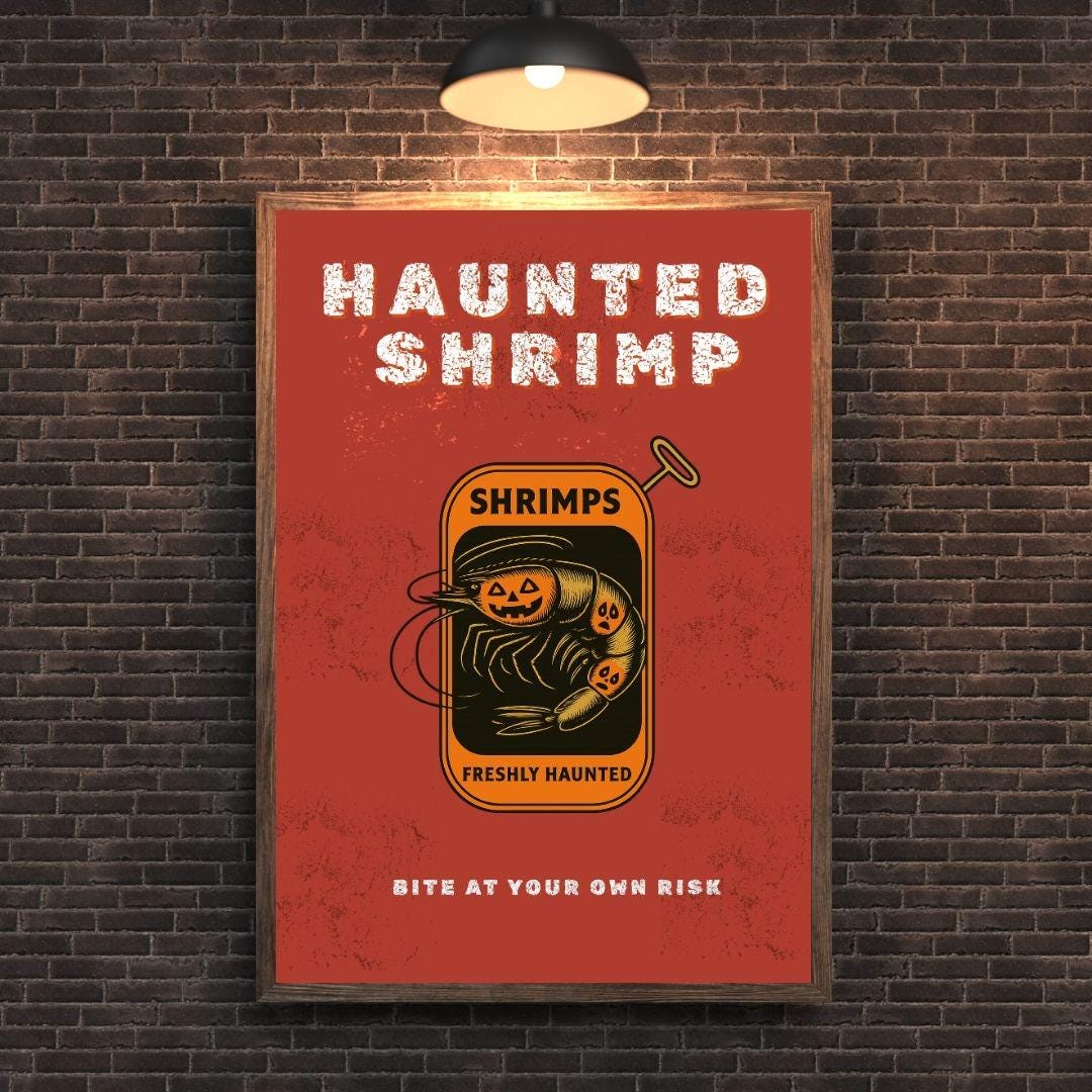 Haunted Shrimp Halloween Art Print: Spooky Seafood Decor (digital ...