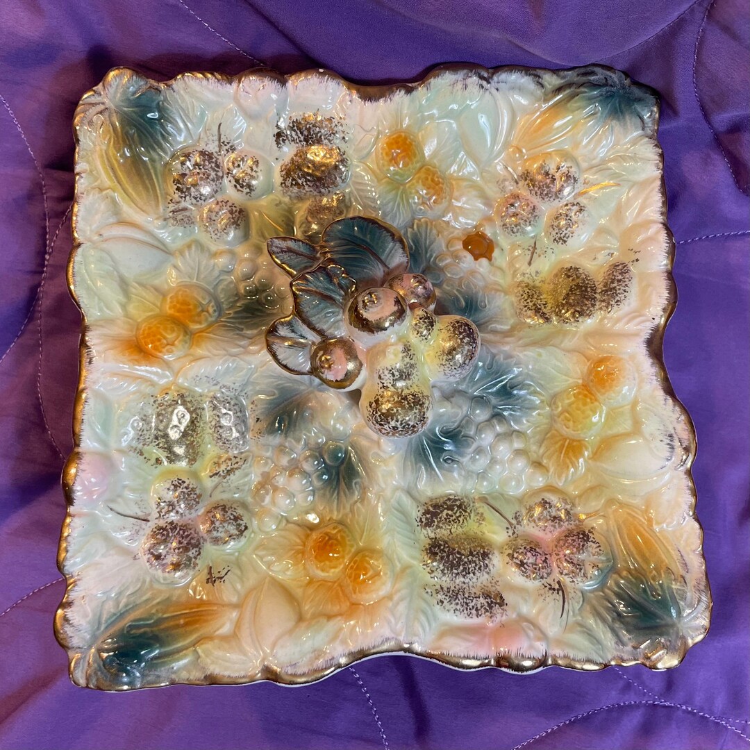 Gorgeous 1950's Hand Painted Ceramic BETSON Divided Tray on Pedestal ...