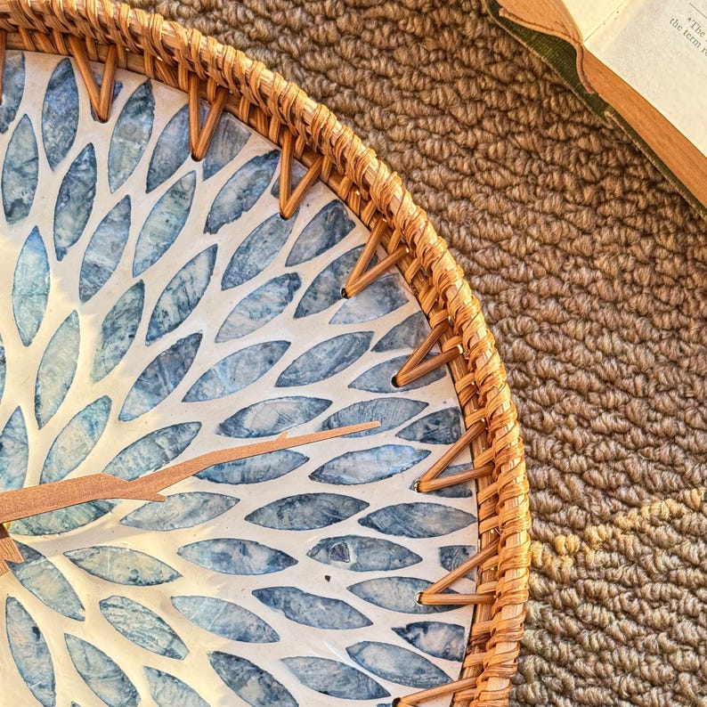 Rattan & Mother of Pearl Wall Clock · Blue Leaf Mosaic · Silent ...
