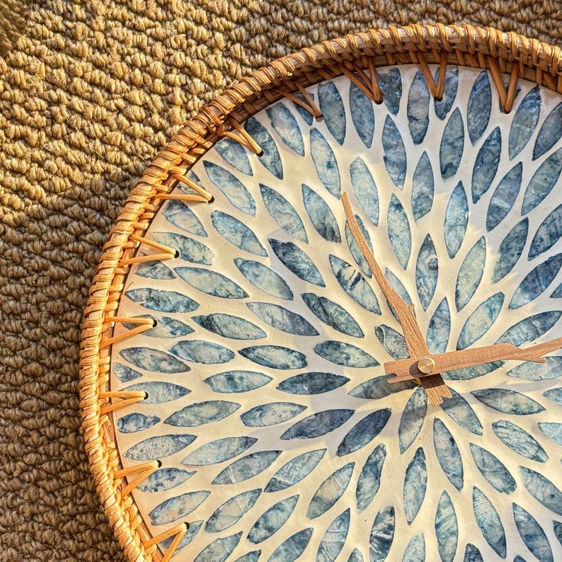 Rattan & Mother of Pearl Wall Clock · Blue Leaf Mosaic · Silent ...