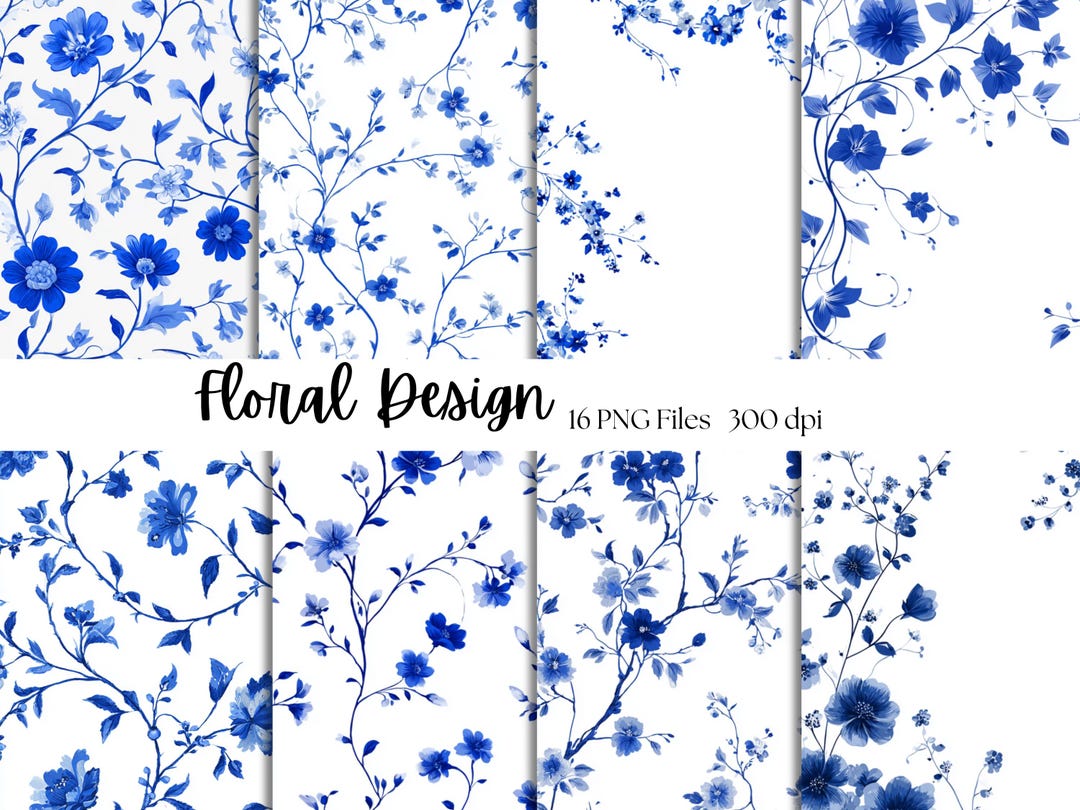 Royal Blue Flower Vines Digital Paper Pack: 16 PNG Designs (instant ...
