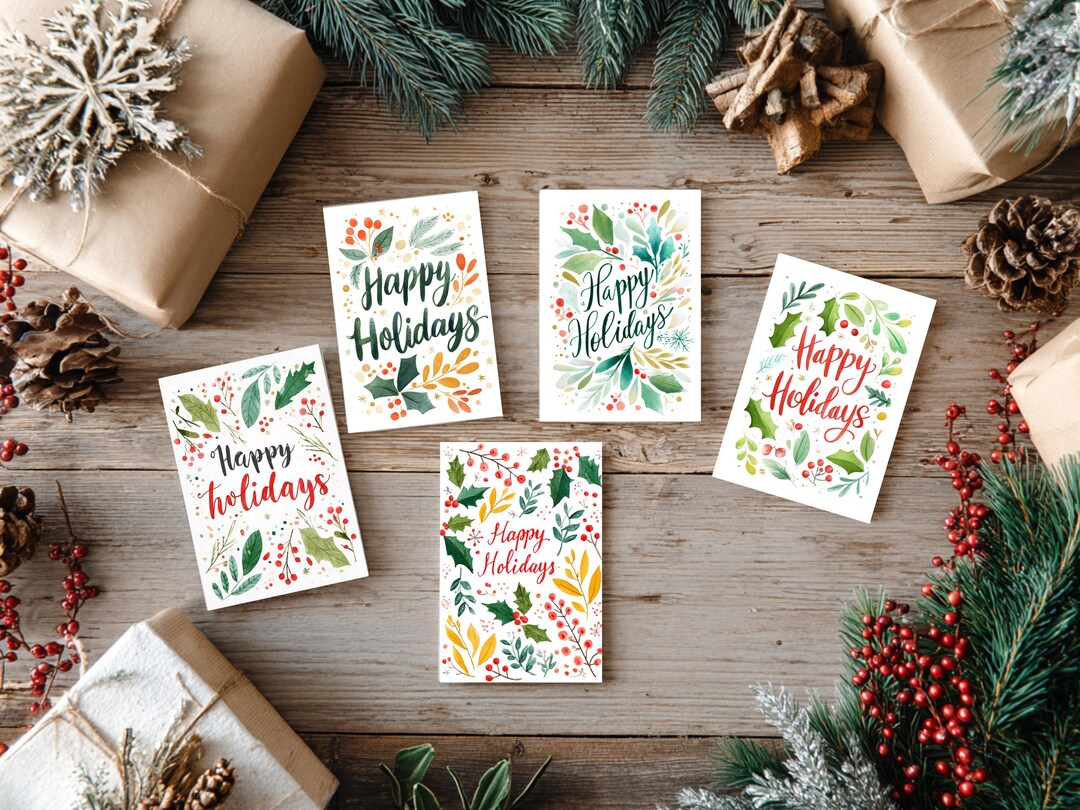 Set of 5 Happy Holidays Cards | Watercolor Christmas Greeting Cards ...