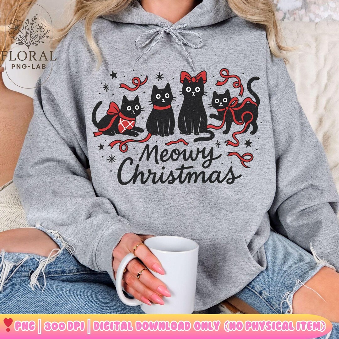 Meowy Christmas PNG, Hand-drawn 4 Black Cats With Ribbons, 300 DPI ...