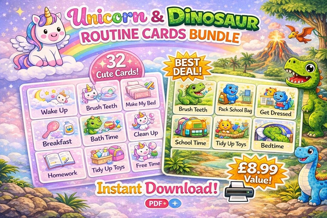 Unicorn Dinosaur Routine Cards Bundle | Kids Visual Schedule Printable ...