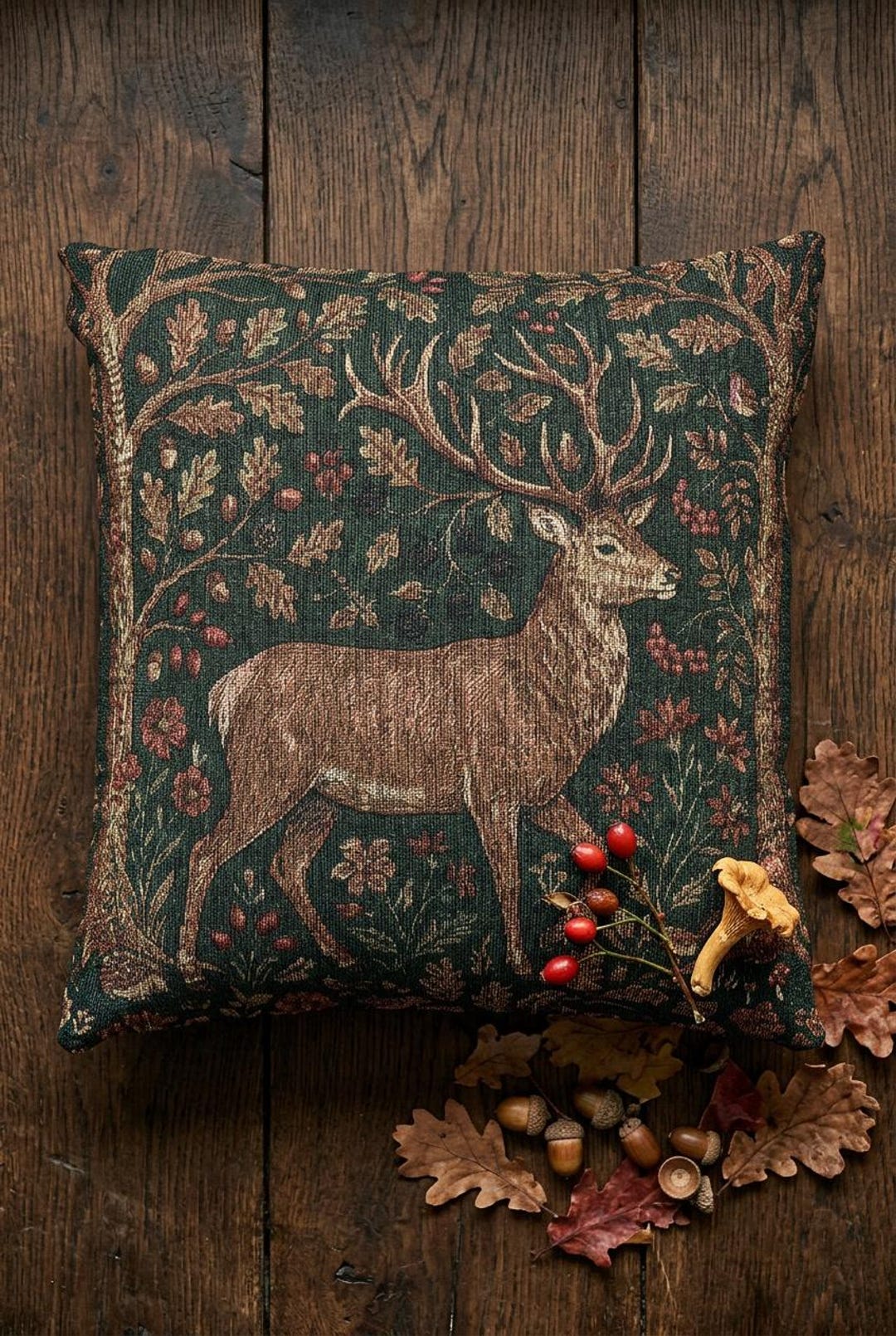 Stag Pillow Medieval Woven Tapestry | Forestcore Deer Millefleur ...