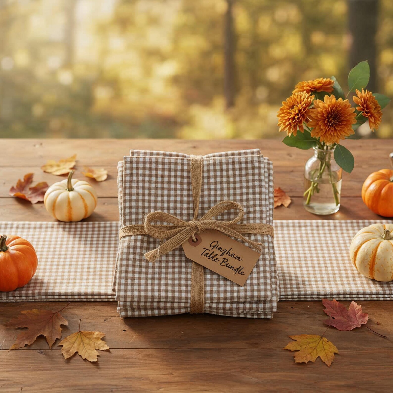 Coffee Brown Gingham Table Runner & Napkin Set | 16x72/16x90 + 4/6/8 ...