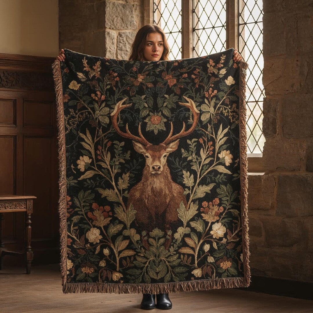 Medieval Stag William Morris Inspired Cotton Woven Blanket | Tapestry ...