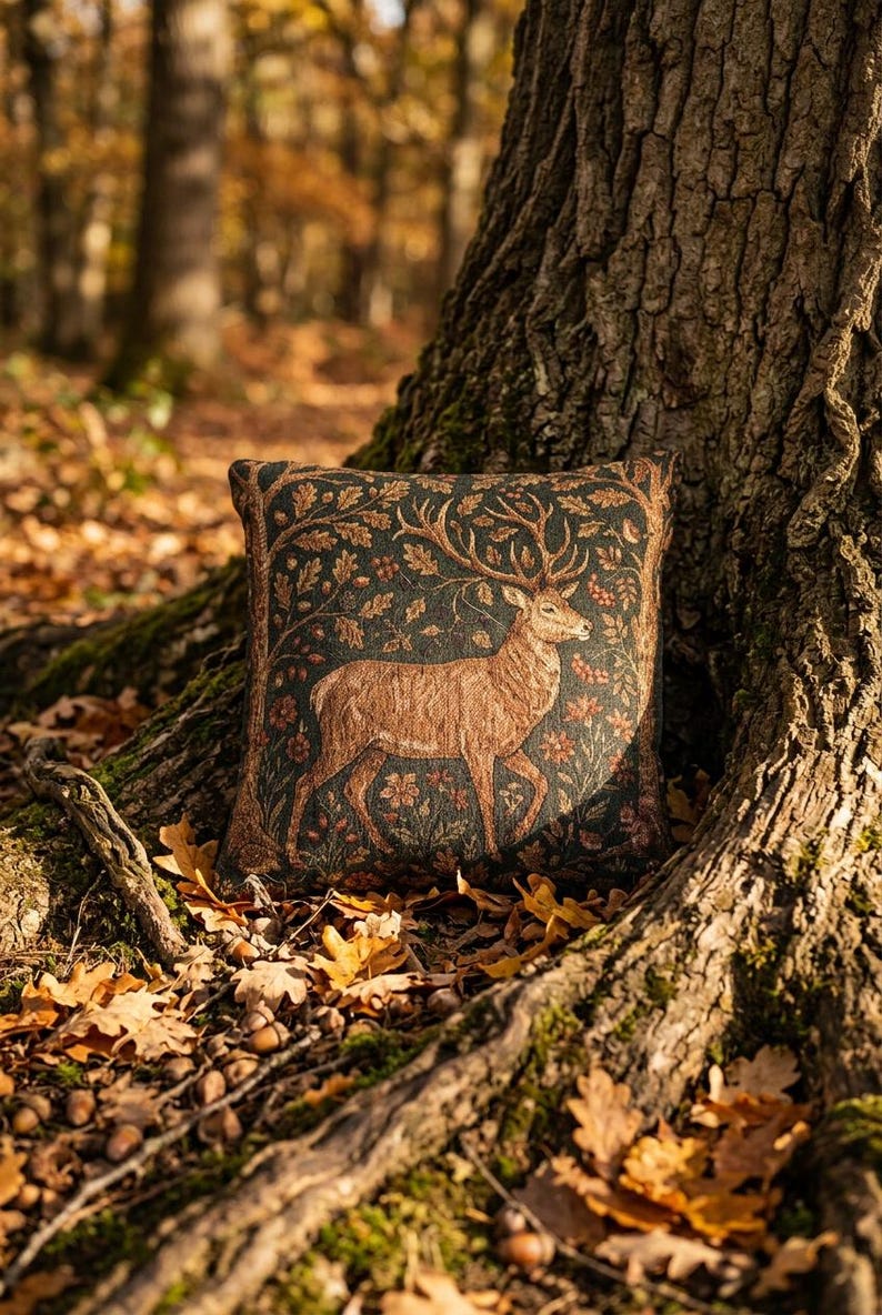 Stag Pillow Medieval Woven Tapestry | Forestcore Deer Millefleur ...