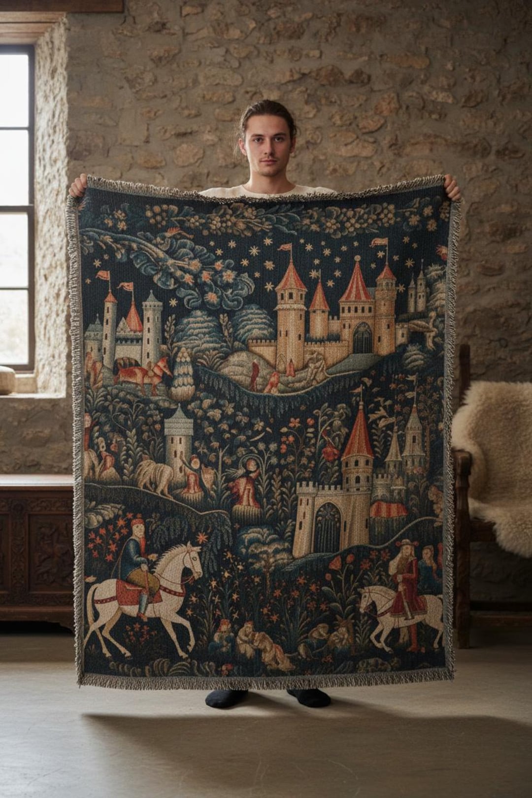 Medieval Castle Tapestry Blanket | Woven Throw With Knight & Horse ...