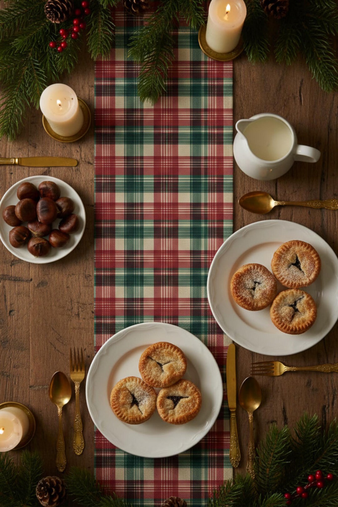 Red Green & Cream Tartan Plaid Christmas Table Runner | Classic Check Holiday Table Decor ...