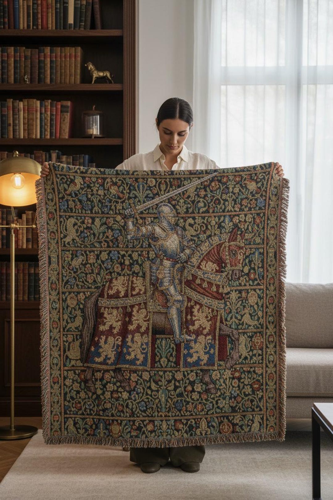 Medieval Knight Woven Blanket Throw | Floral Tapestry Sword Horseback ...