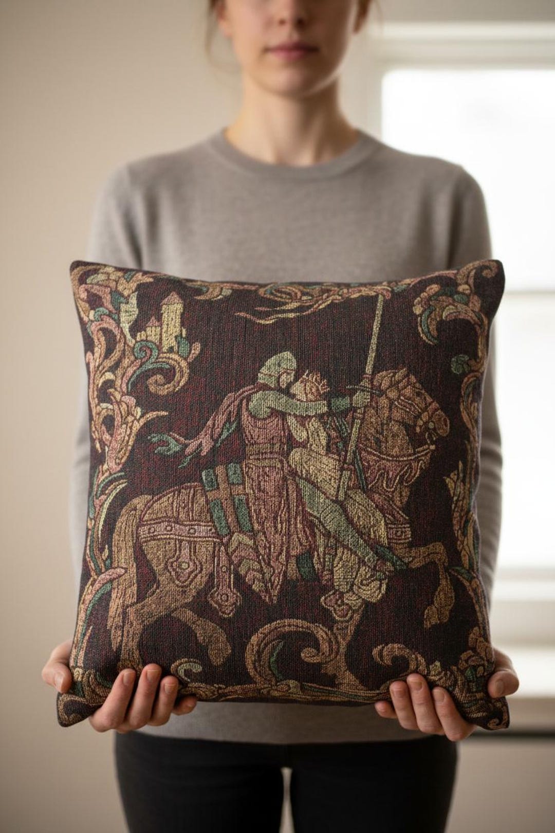 Medieval Tapestry Woven Cushion | Knight & Maiden Throw Pillow ...