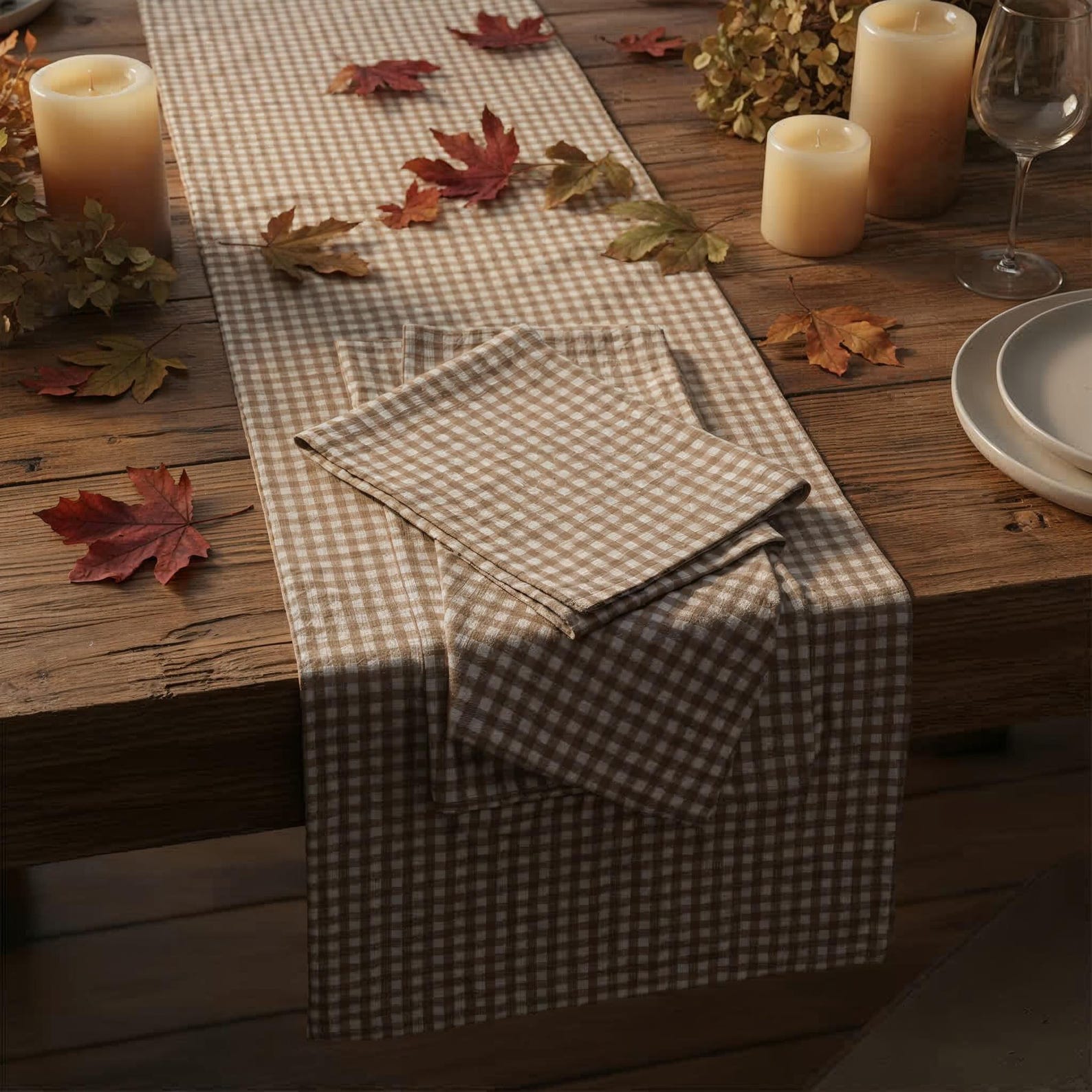 Coffee Brown Gingham Table Runner & Napkin Set | 16x72/16x90 + 4/6/8 ...