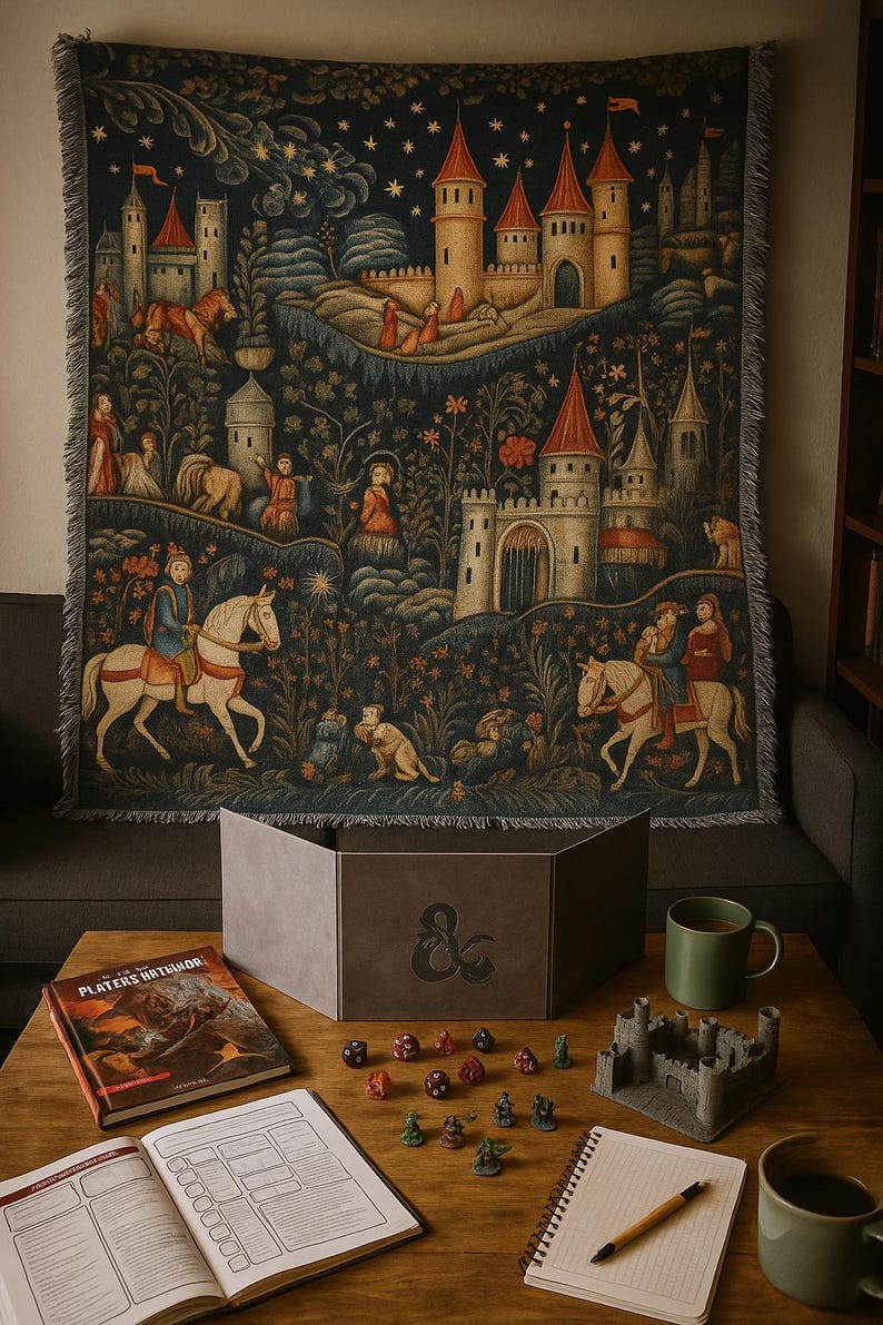 Medieval Fantasy Woven Blanket | Castle & Knights Tapestry Throw | Dark ...