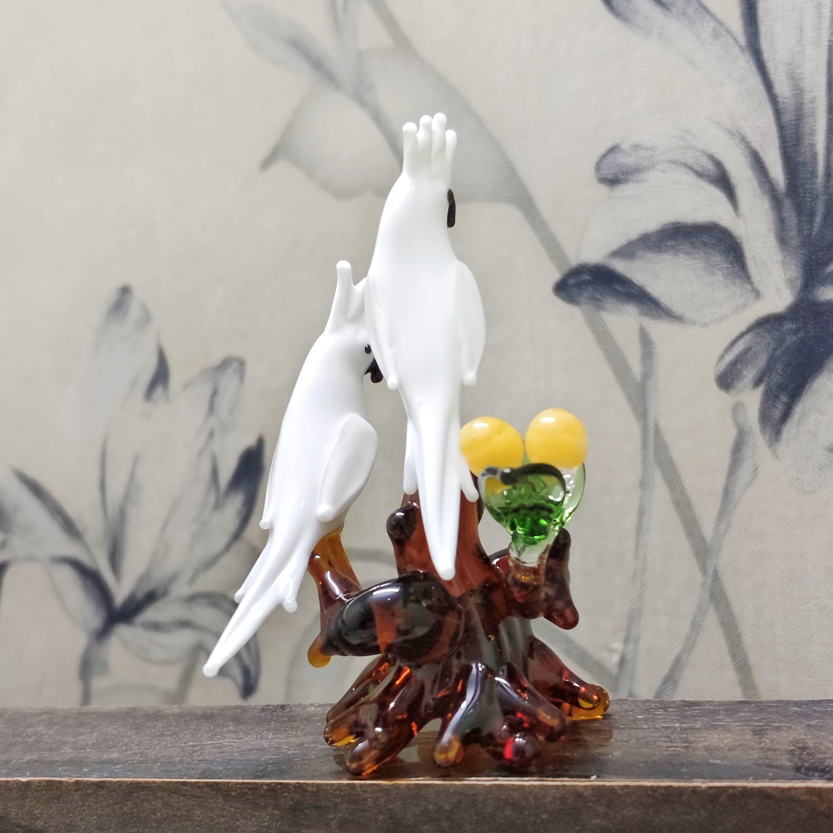 Murano Art Glass White Parrot Cockatoo Figurine Pair– Blown Glass Bird ...