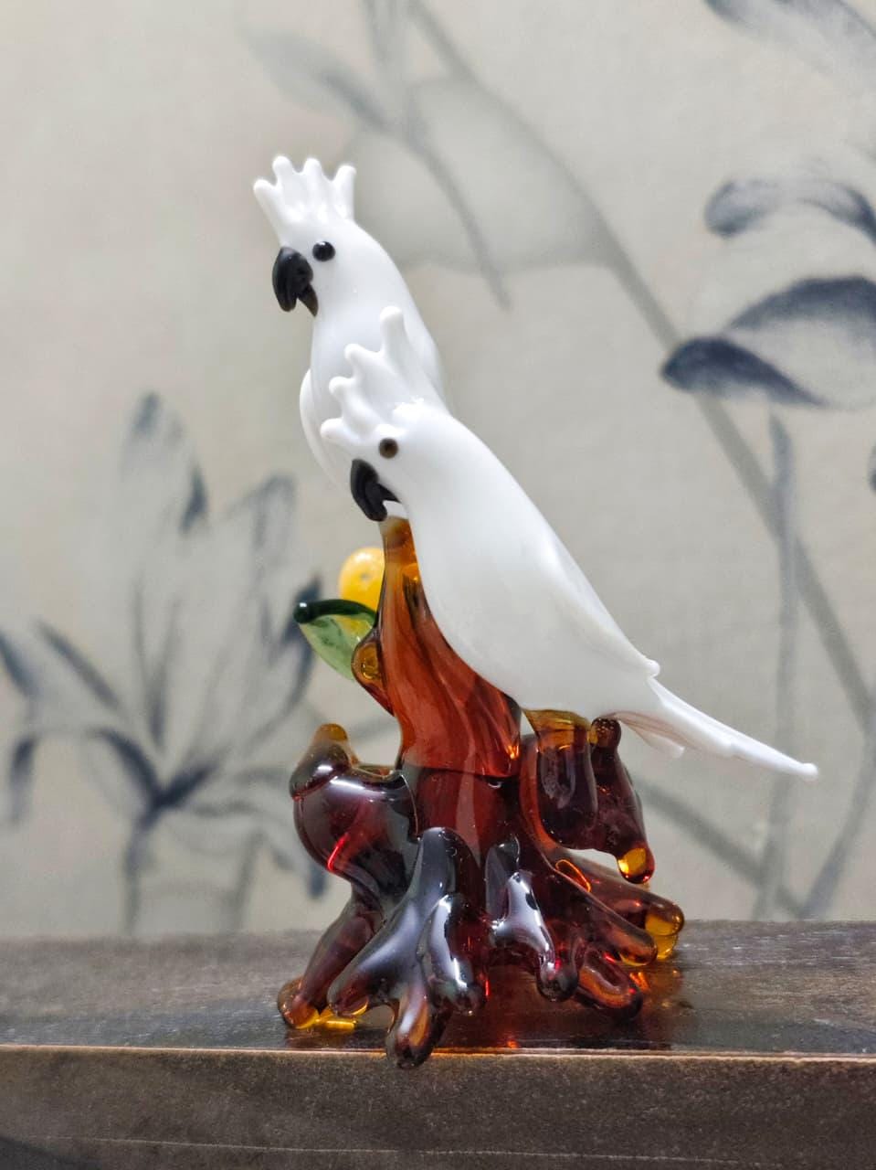 Murano Art Glass White Parrot Cockatoo Figurine Pair– Blown Glass Bird ...