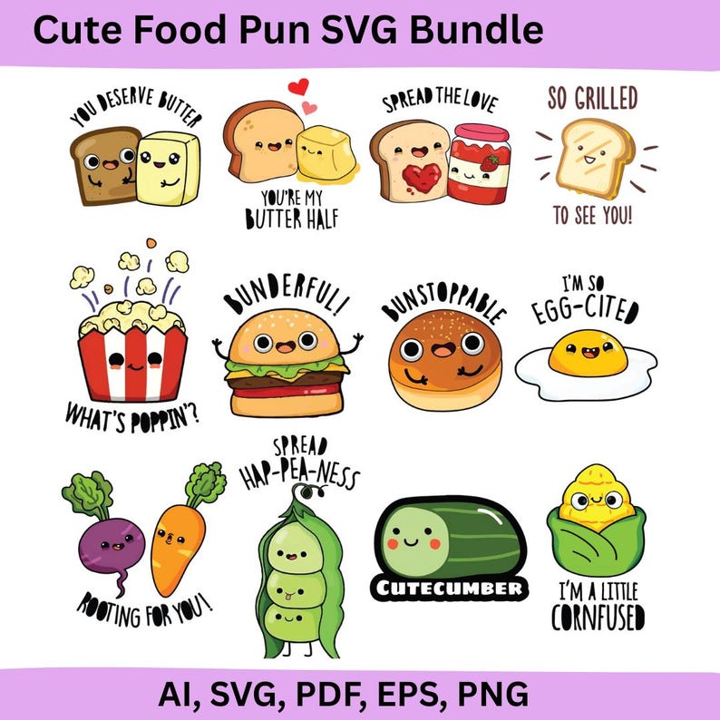 Kawaii Food Pun SVG Clipart Bundle | Funny Kitchen Stickers (digital ...