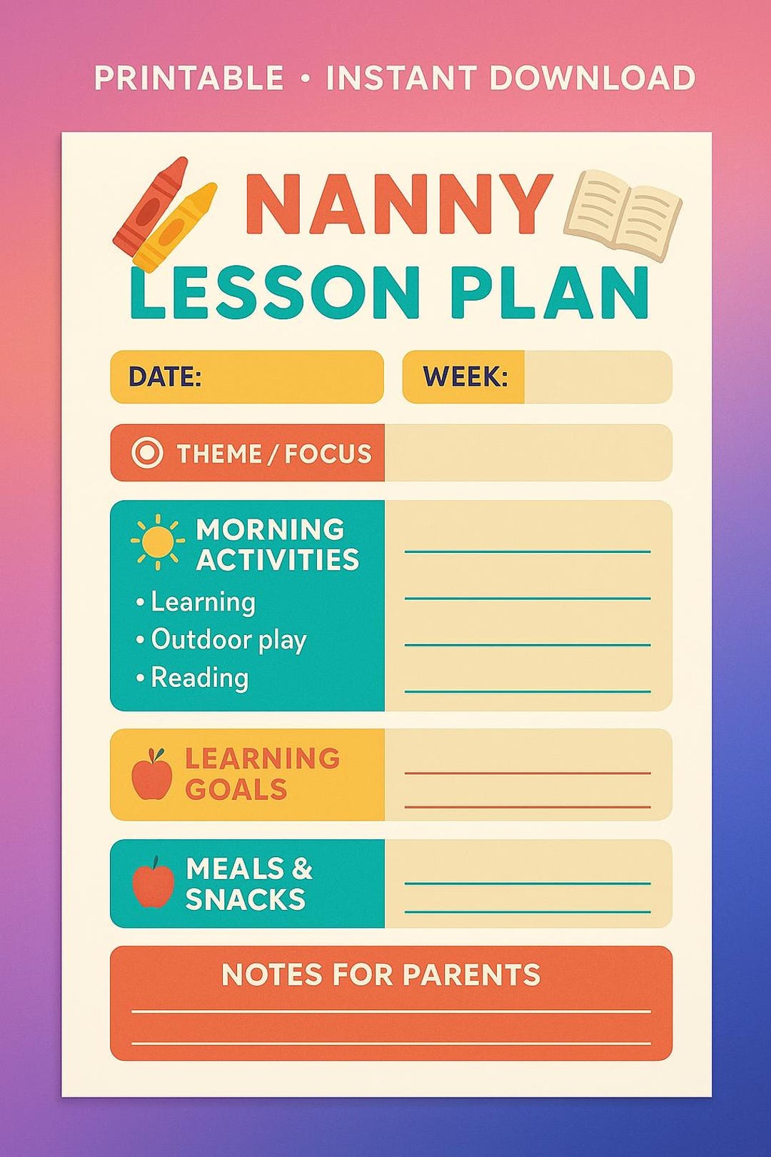 Nanny Lesson Plan Printable Bundle- Pack of 4. - Etsy
