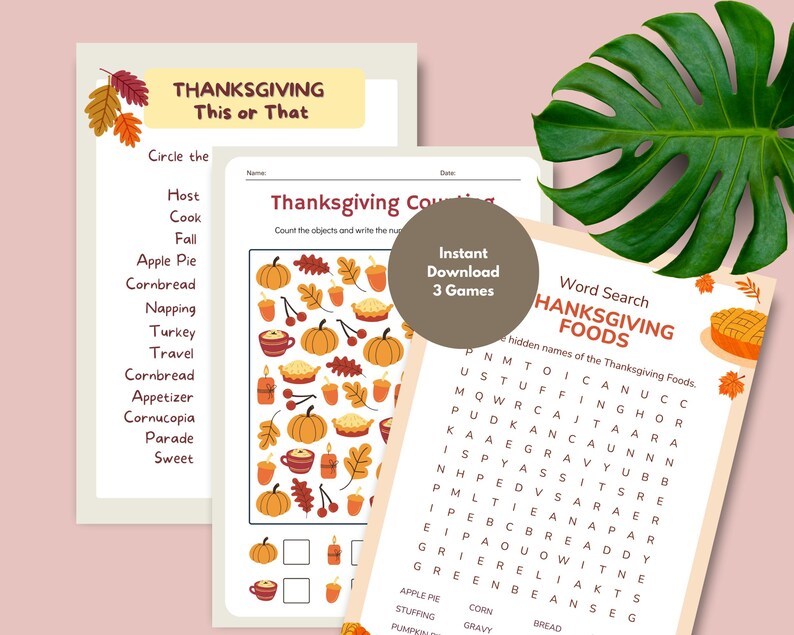 Thanksgiving Game Bundle- Word Search, This or That, and Counting Game ...