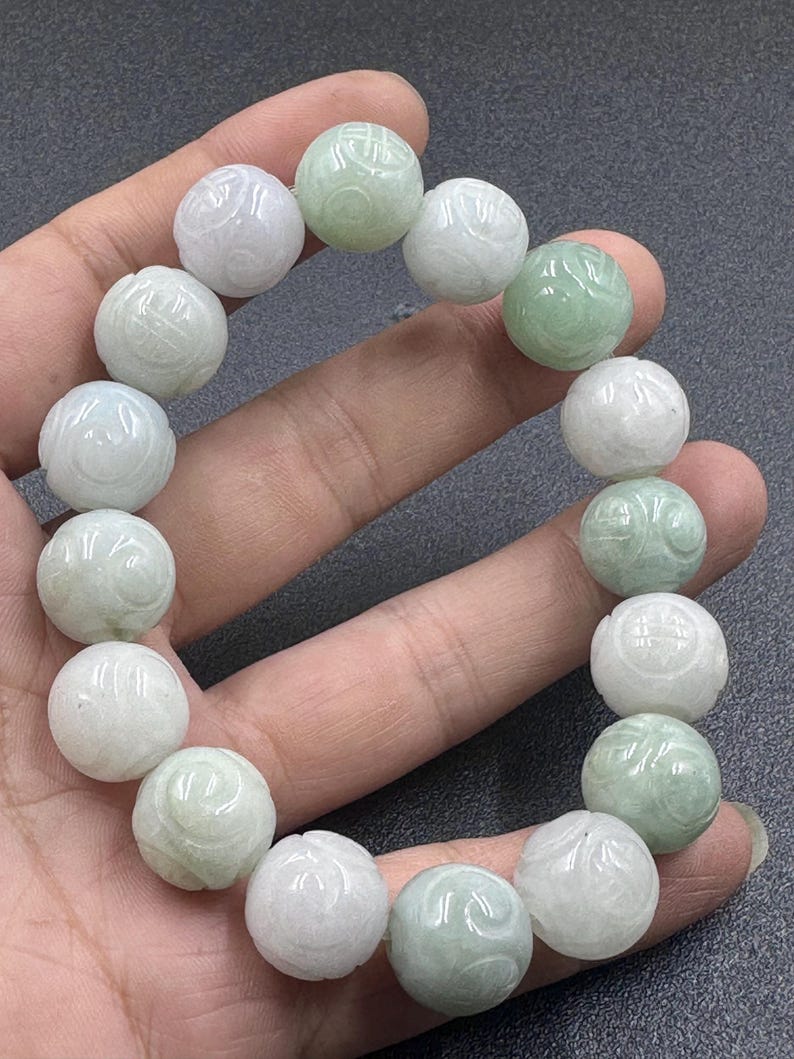 Handmade Grade A Jadeite Bead Bracelet: Carved Design, Gift Box - Etsy