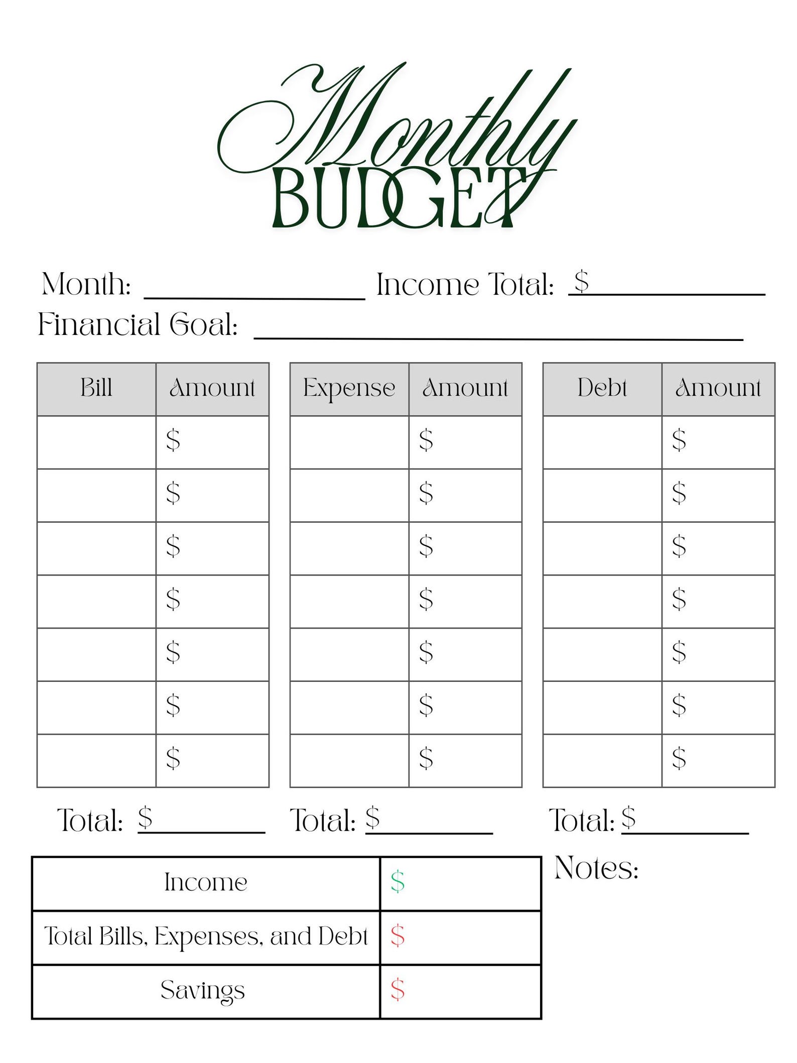 Printable Monthly Budget Planner | Bills, Expenses, Savings & Debt ...
