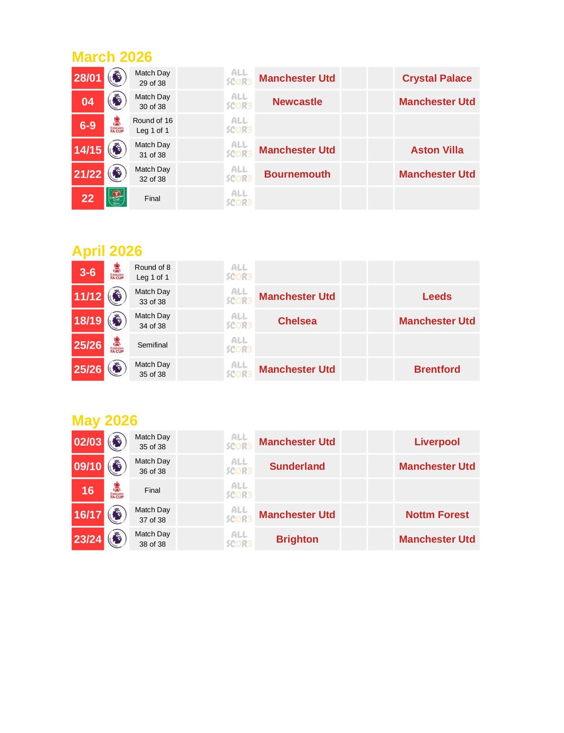 Manchester United Fc fixtures 2025/2026 | All Local Competitions ...