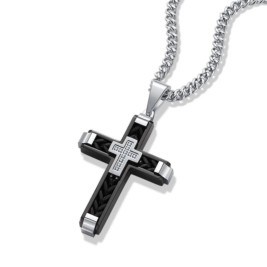 Black Inlay Stainless Steel Cross Pendant, Lab Grown Diamond Center - Etsy