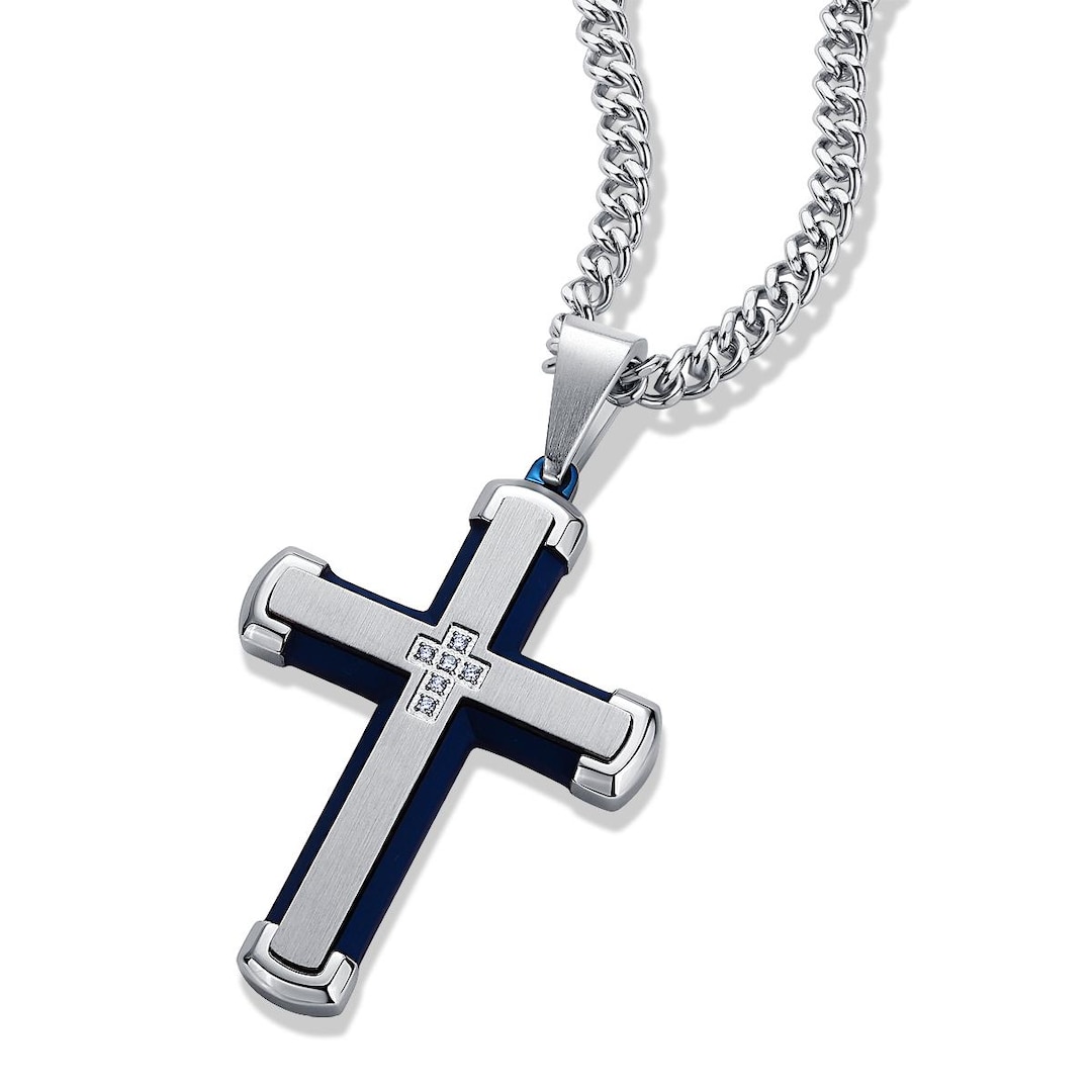 Stainless Steel Blue Inlay Cross Necklace – Two-tone Christian Pendant ...