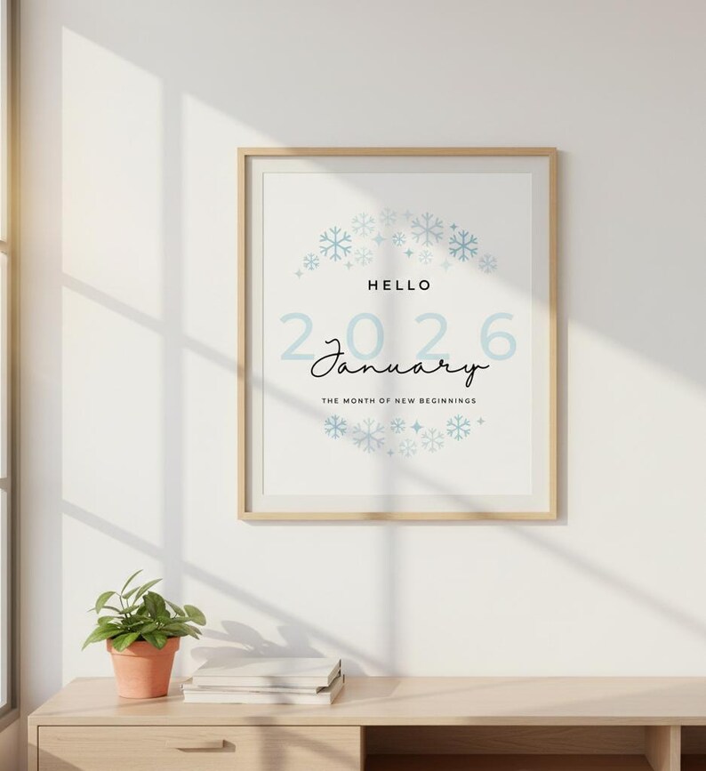 Hello January 2026 Printable Wall Art | Winter Snowflake Quote Poster ...