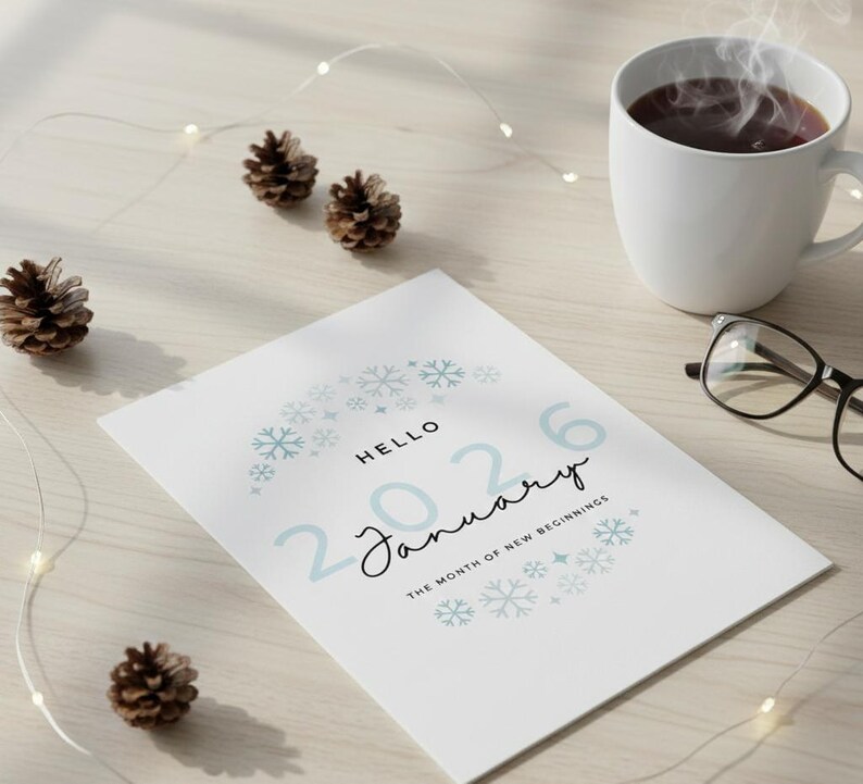 Hello January 2026 Printable Wall Art | Winter Snowflake Quote Poster ...