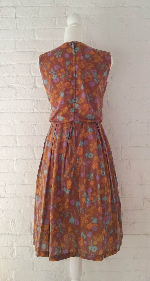 1960s Gold Floral Pleated Dress 60s Vintage Rust Aqua… - Gem