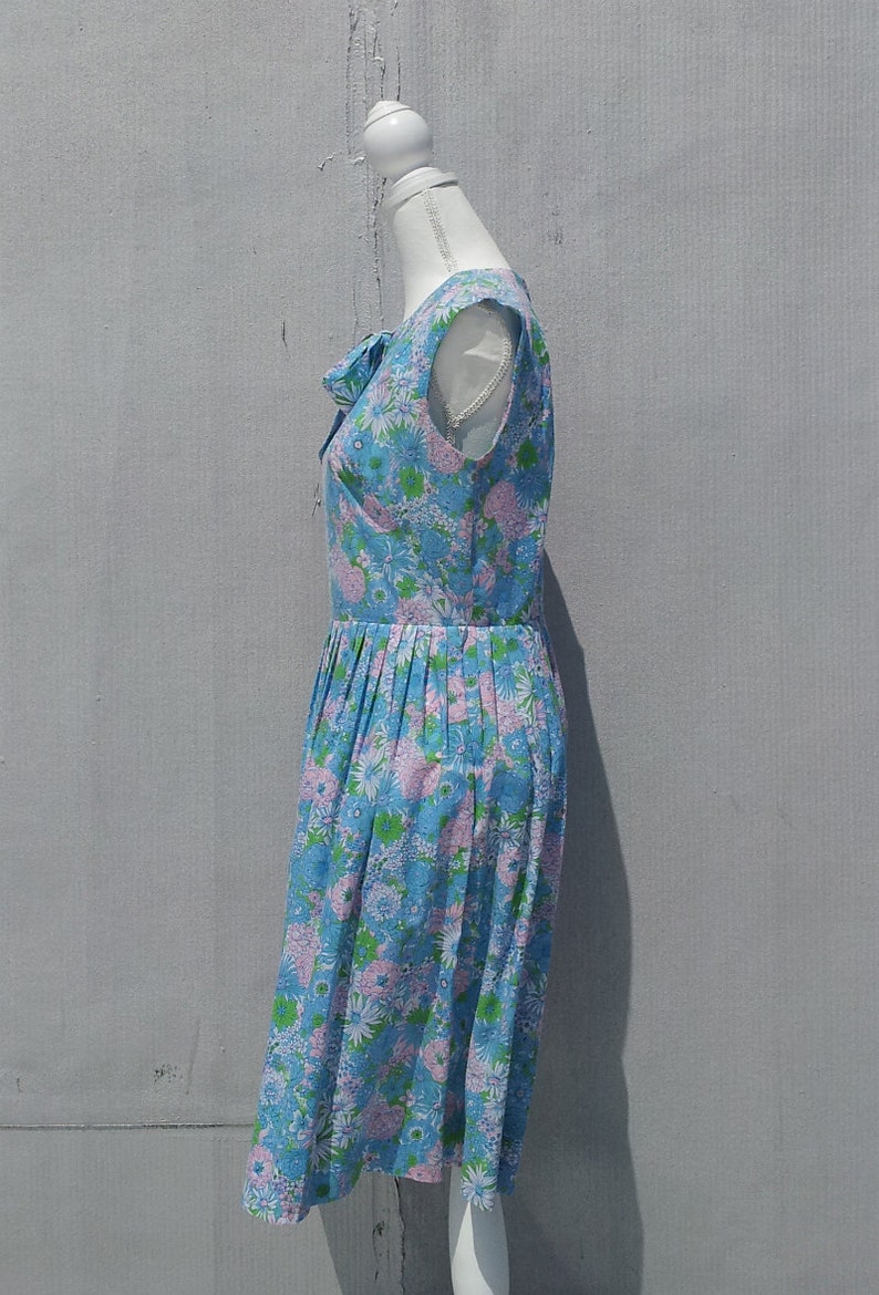 1960s Blue Floral Dress 60s Vintage Fit Flare Cotton Sundress Full ...