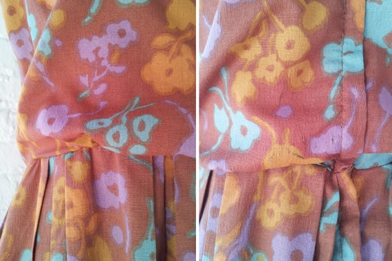 1960s Gold Floral Pleated Dress 60s Vintage Rust Aqua… - Gem