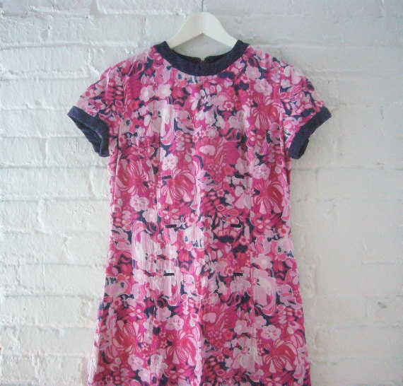1960s Pink Floral Shift Dress 60s Vintage Mod Cotton … - Gem