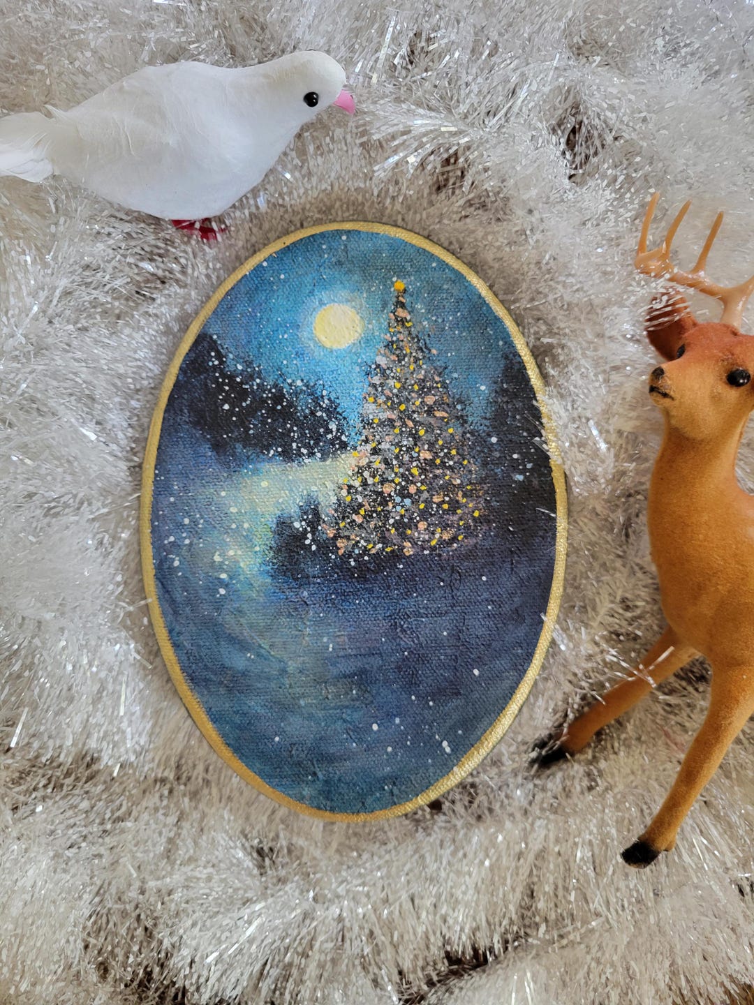 Winter Moon Pine Forest Painting: Luminous Christmas Tree on Oval ...