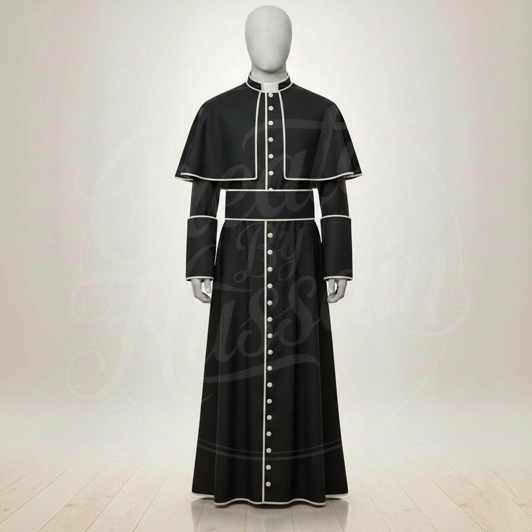 Black Roman Cassock With White Trim – Clergy Soutane With Pellegrina ...