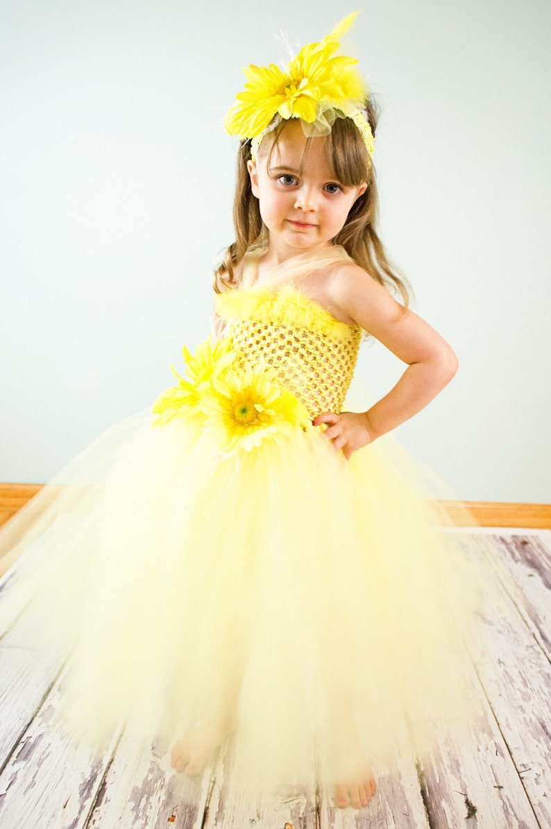 Yellow tutu halter Dress w/ yellow flower embellishments. | Etsy