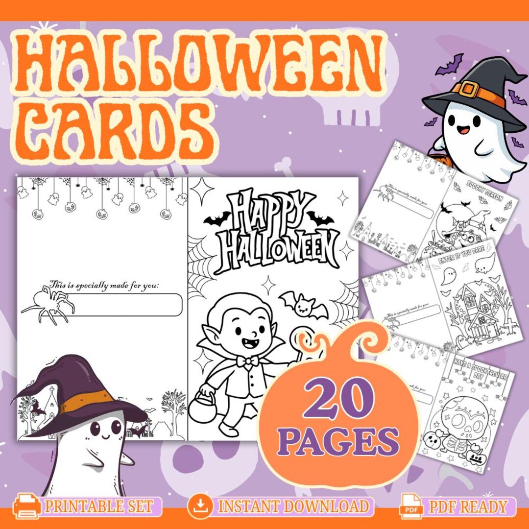 Halloween Coloring Cards Bundle: 20 Printable Designs for Kids' Trick ...