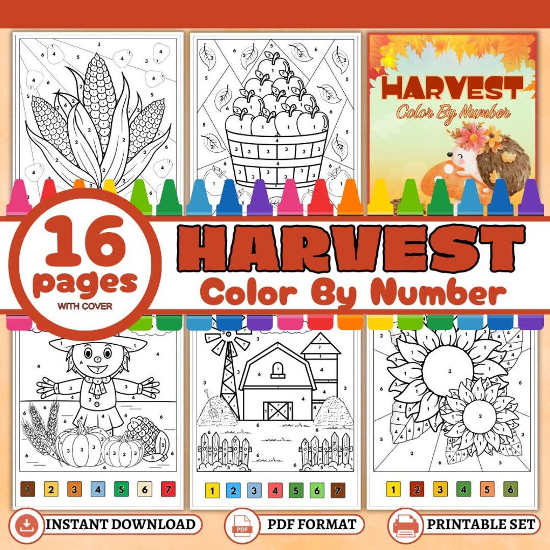 Harvest Color by Number: 16 Printable Fall Coloring Pages for Kids ...