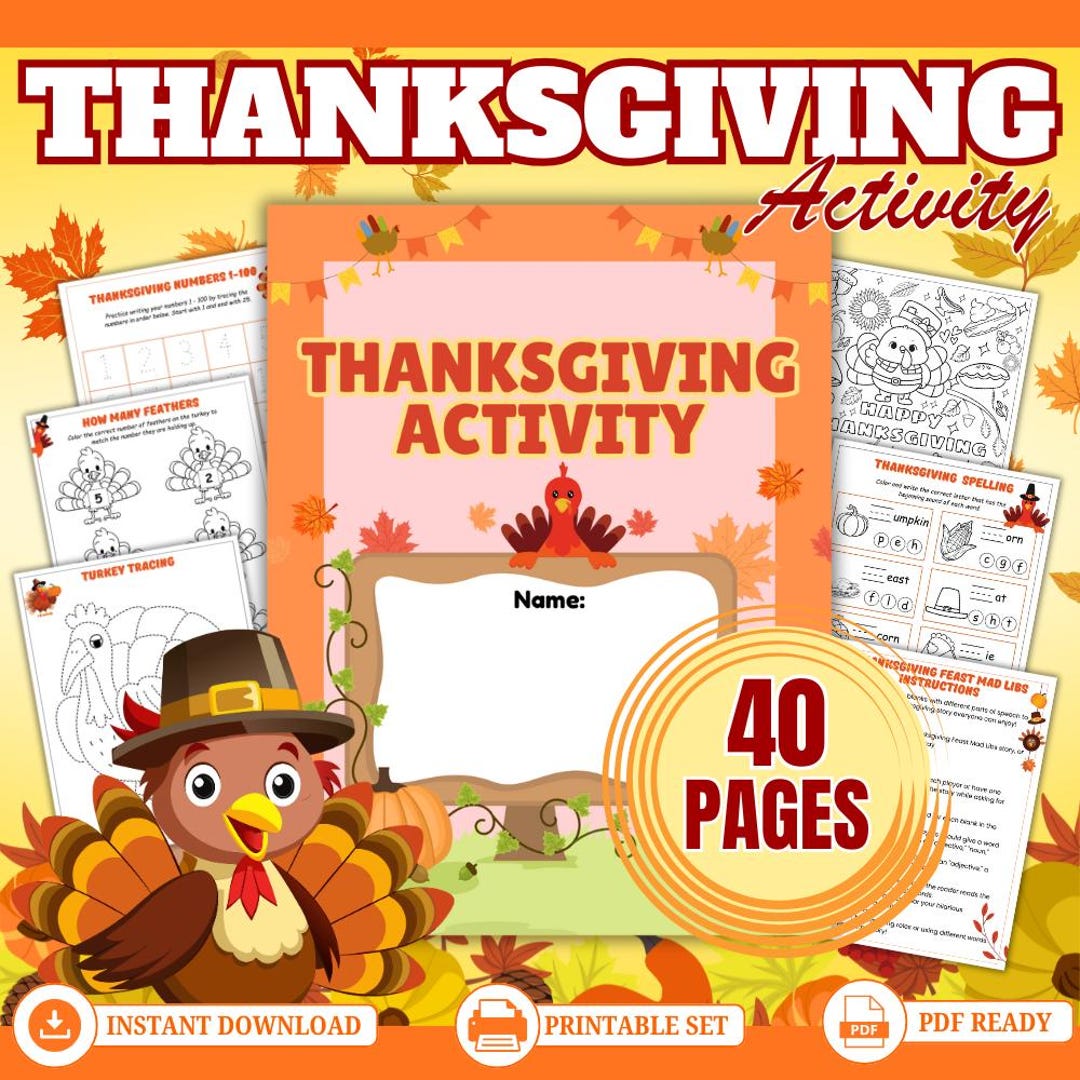 Thanksgiving Activity Pack for Kids – 40 Page Printable Worksheets (PDF ...